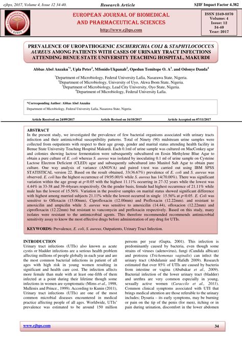 Pdf Prevalence Of Uropathogenic Escherichia Coli And Staphylococcus Aureus Among Patients With