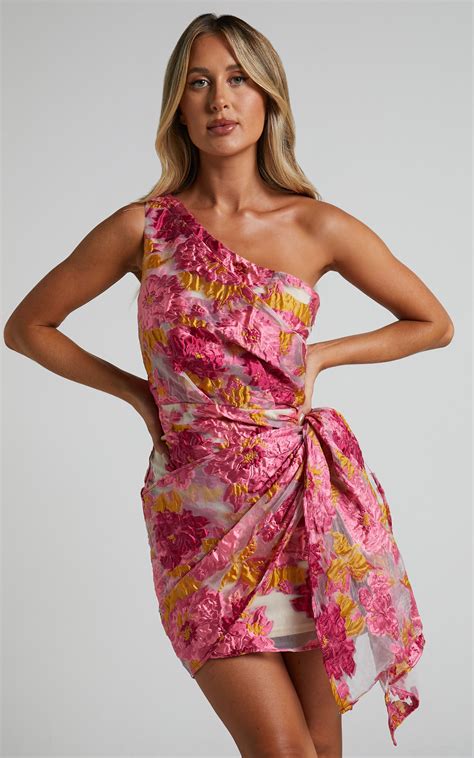 Kailey One Shoulder Wrap Front Mini Dress In Pink And Beige Jacquard