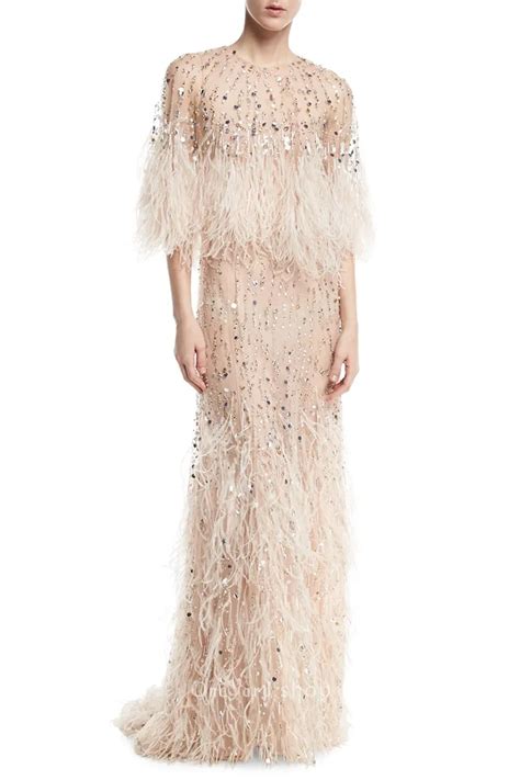 Champagne Sequin Beading And Ostrich Feather Fabric Oneyard