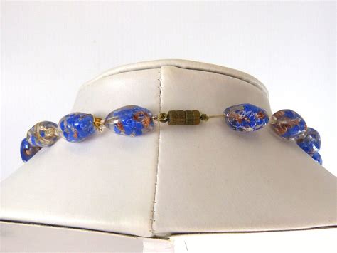 Vintage Antique Venetian Murano Blue Glass Copper Foi Gem