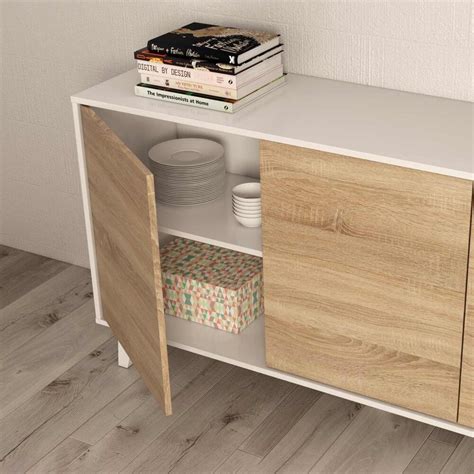 Aparador Buffet Puertas Estilo Nordico Blanco Y Roble De Salon Comedor X Ebay