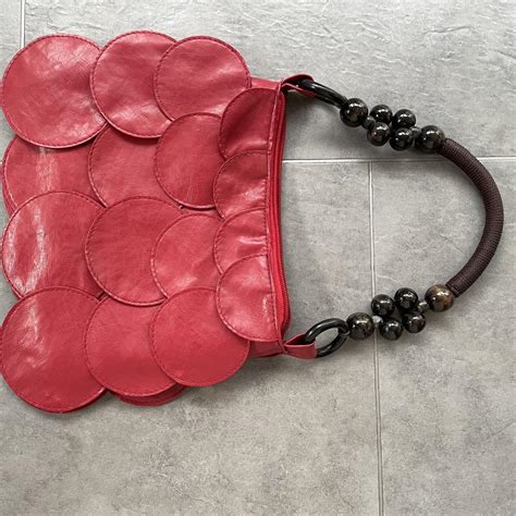 Ax Paris Red Leather Scallop Effect Bag With Bamboo Depop