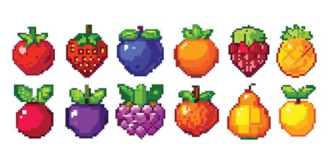 A Big Set Of Pixel Fruits Berries And Vegetables 8 Bit Icons In The Old Style Apple Pear