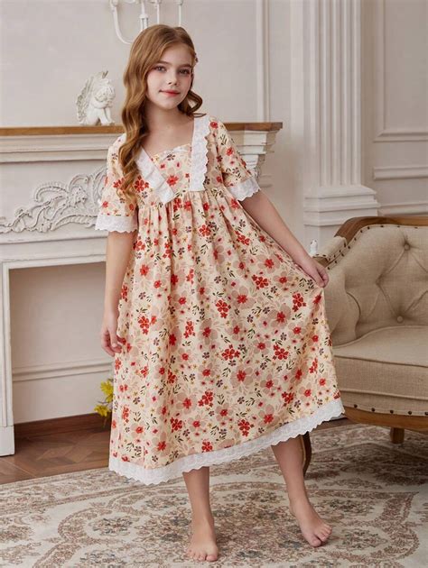 SHEIN Tween Girl Vintage Floral Print Lace Trim Princess Style