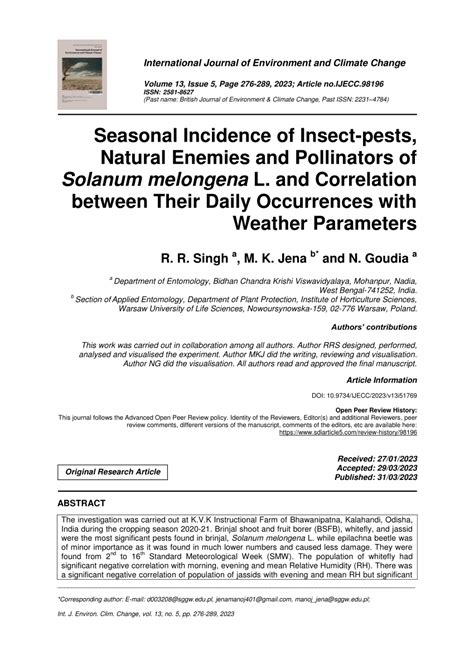 Pdf Seasonal Incidence Of Insect Pests Natural Enemies And Pollinators Of Solanum Melongena L