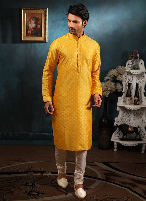 Buy Yellow Banarasi Silk Weaving Festival Wear Kurta Pajama Online From