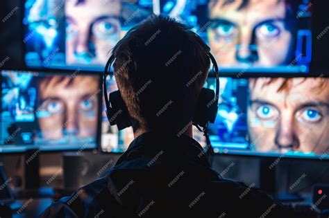 Security Guard Is On Night Duty Monitoring Security Feeds For Suspicious Individuals Premium