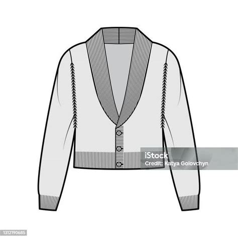 소매 릴렉스 바디 허리 트림 버튼 클로저가 돋보이는 카디건 크롭 숄 칼라 스웨터 테크니컬 패션 일러스트 0명에 대한 스톡 벡터 아트 및 기타 이미지 Istock