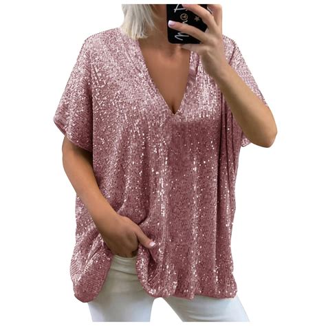 Dndkilg Womens Full Sequin Tops Plus Size Sparkle Shimmer Ruffle