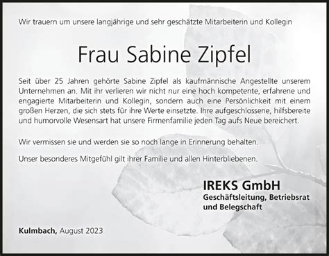 Sabine Zipfel Traueranzeige Frankende