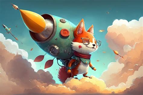 Cute Rocket Blasting Into The Sky Among The Clouds Stock Illustration