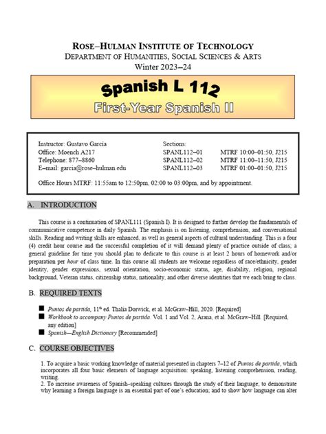 Rose Hulman Spanish 2 Syllabus Pdf Plagiarism Grammar