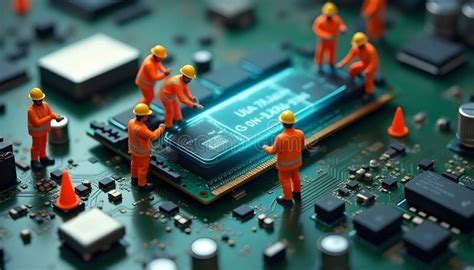 Miniature Workers Upgrading Computer Hardware Stock Illustration