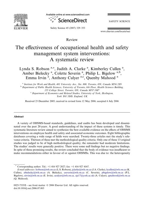 Pdf The Effectiveness Of Occupational Health And Safety Management