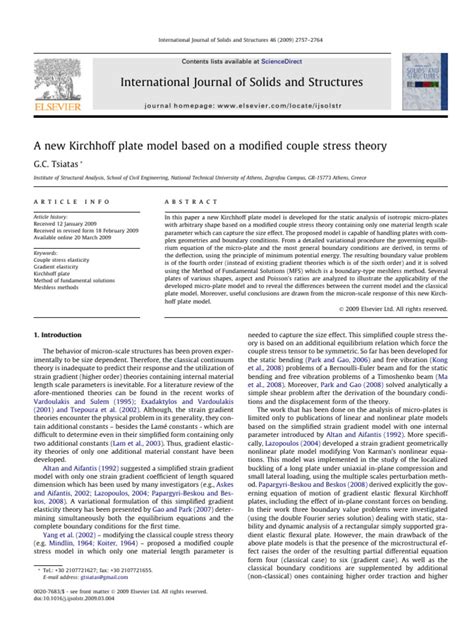 A New Kirchhoff Plate Model Based On A Modified Couple Stress Theory Pdf