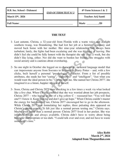 End Of Term Test Th Form Sciences ESL Worksheet By Areej Ben Mohamed
