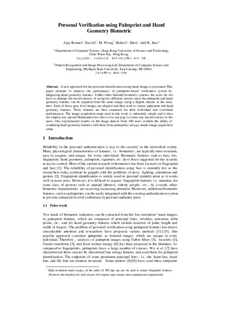 Pdf Personal Verification Using Palmprint And Hand Geometry Biometric
