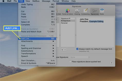 how to add links to signatures in mac os x mail or macos mail