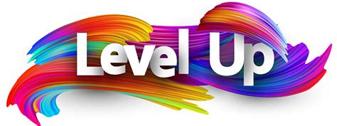흰색 위에 다채로운 스펙트럼 페인트 브러시 스트로크로 종이 단어 기호를 레벨업합니다 Next Level English