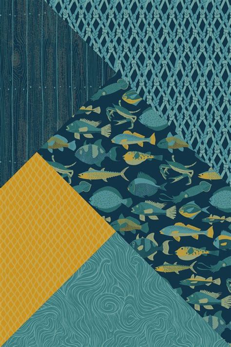 Fish Pattern Collection New England Fishing Net Dock Planks Fish Scales Navy Blue