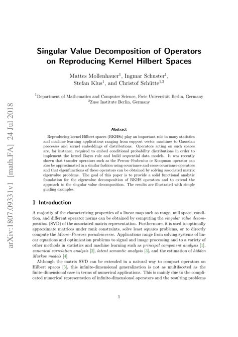 Pdf Singular Value Decomposition Of Operators On Reproducing Kernel Hilbert Spaces