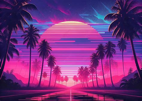 Retro Synthwave Beach Scene At Sunset Background Vaporwave Sunset