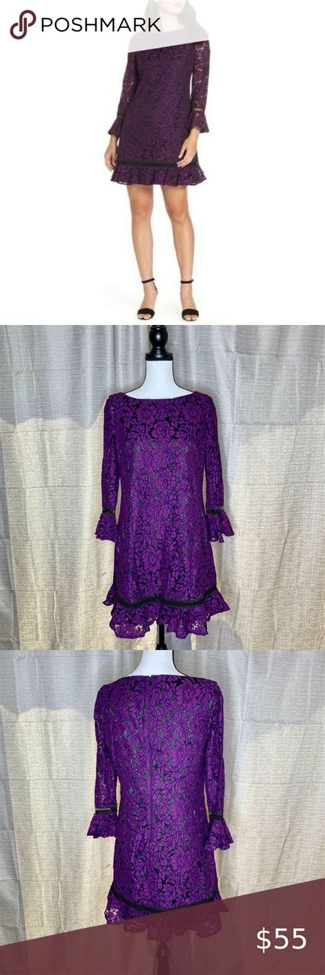 Eliza J Purple Bell Sleeve Lace Shift Dress 10P Lace Skirt Lace Dress
