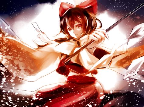 Safebooru 1girl Bow Brown Eyes Brown Hair Detached Sleeves Gohei Hair