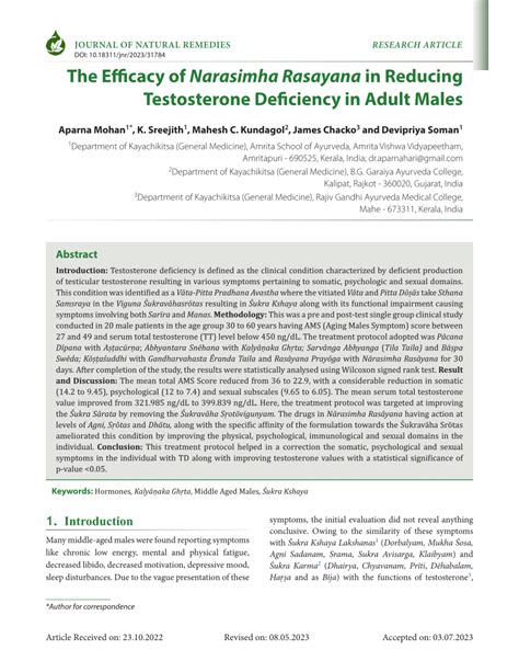Pdf The Efficacy Of Narasimha Rasayana In Reducing Testosterone Deficiency In Adult Males