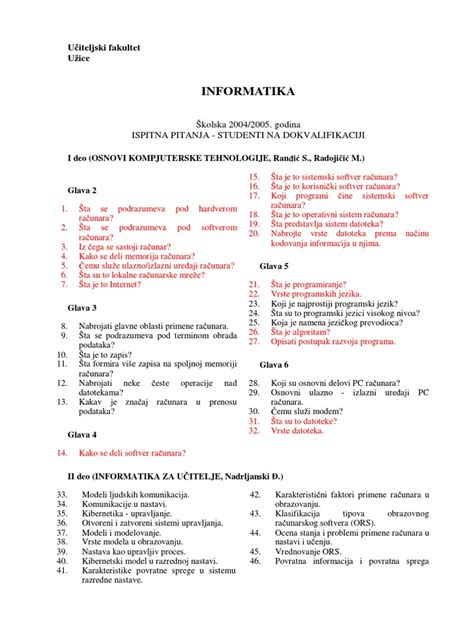 Spisak Pitanja Iz Informatike Pdf