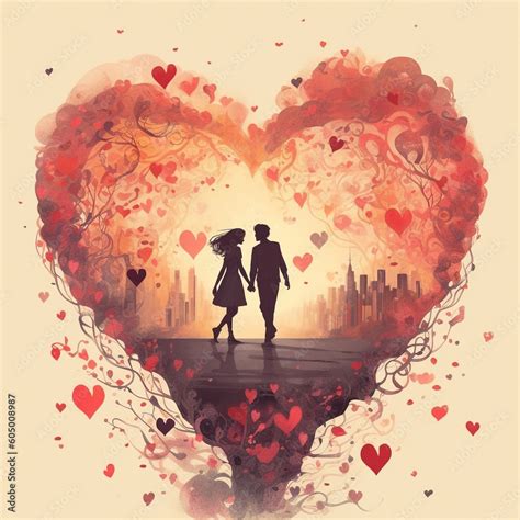 Romantic Couple In Love Inside Of The Big Red Heart Big City On The