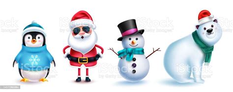 크리스마스 문자 벡터 세트 디자인 산타 클로스 펭귄 북극곰 및 눈사람 캐릭터는 크리스마스 휴가 시즌 컬렉션을 위해 흰색 배경으로 격리되어 있습니다 눈사람에 대한 스톡 벡터