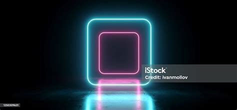 공상 과학 소설 레이저 빛나는 사각형 보라색 푸른 빛 에 어두운 차고 콘크리트 콘크리트 금속 미래 외계인 우주선 현대 사이버 가상 배경 3d 렌더링 0명에 대한 스톡 사진