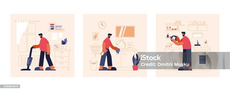 남자는 아파트 일러스트 세트를 청소합니다 슬리퍼의 남성 캐릭터는 카펫을 진공 청소기로 청소하고 먼지가 쌓인 나이트 스탠드를 조심스럽게 청소합니다 가정 생활에 대한 스톡 벡터