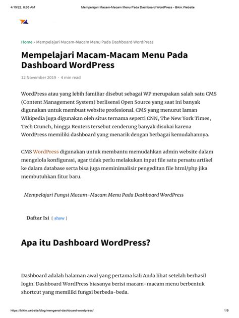 Mempelajari Macam Macam Menu Pada Dashboard Wordpress Bikin Website Pdf