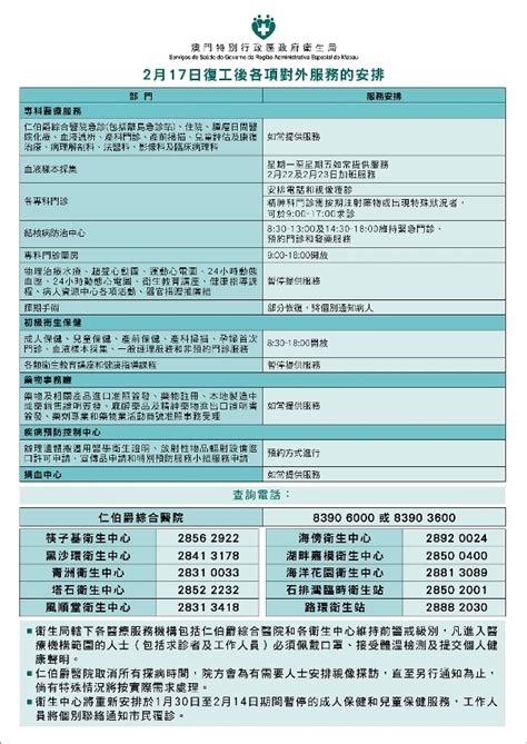卫生局2月17日复工后各项对外服务的安排 澳门特别行政区政府入口网站