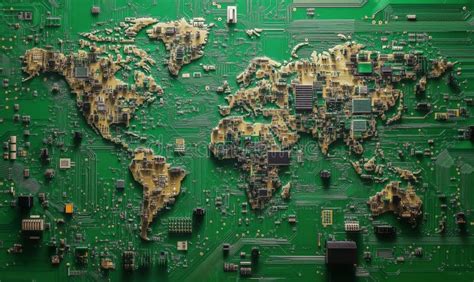 World Map Created From Circuit Board Components Representing Global Technology And Connectivity