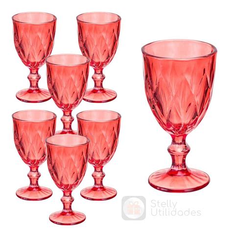 Jogo 6 Taça Diamante Copo Vidro Vermelho 340ml Shopee Brasil