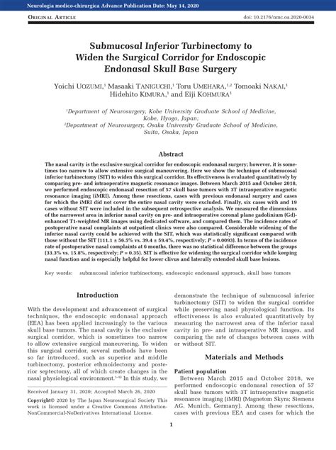 Pdf Submucosal Inferior Turbinectomy To Widen The Surgical Corridor For Endoscopic Endonasal