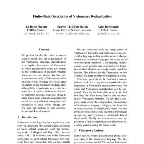 Finite State Description Of Vietnamese Reduplication Acl Anthology
