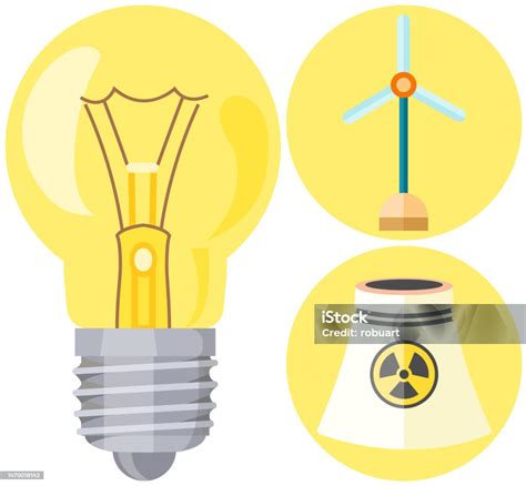 풍력 터빈과 원자력 발전소 아이콘 근처의 전구 친환경 전기 생산 0명에 대한 스톡 벡터 아트 및 기타 이미지 0명 Led 조명 개념 Istock