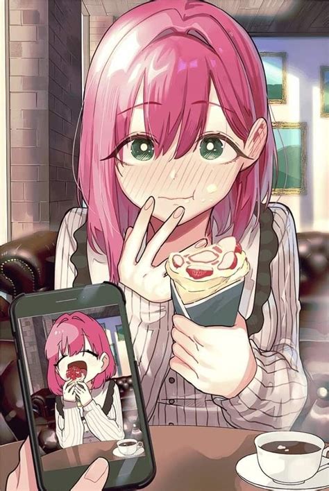 A Girl With Pink Hair Is Holding A Cup And Looking At Her Cell Phone Screen