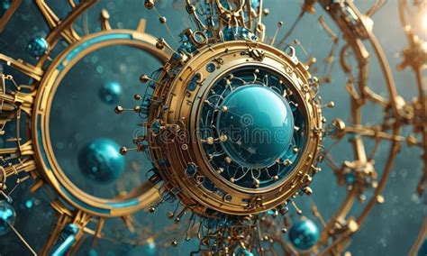 3d Complex Metallic Structure With Central Blue Sphere Surrounded By