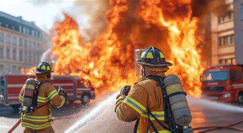 Firefighters In Action Battling Massive Blaze Showcasing Bravery And
