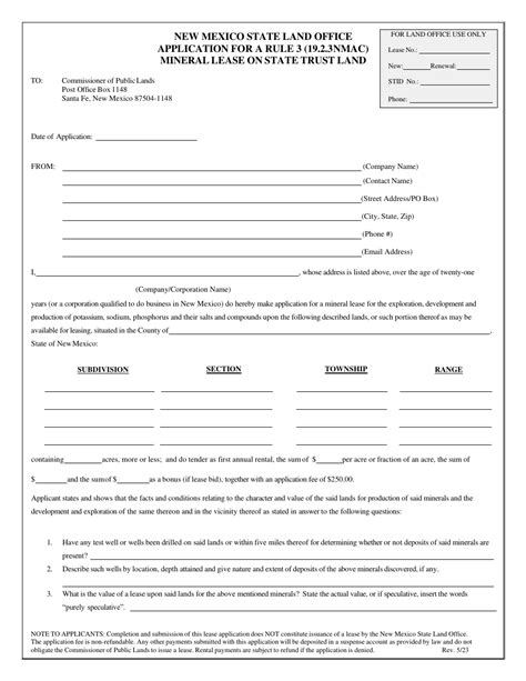 New Mexico Application For A Rule 3 1923nmac Mineral Lease On State