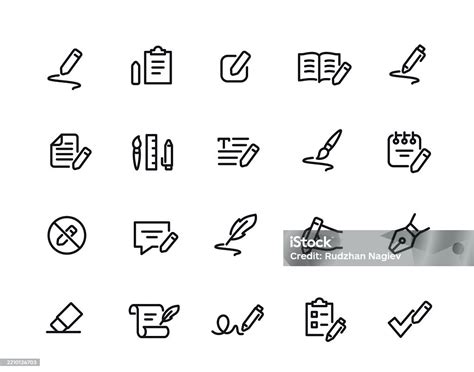 쓰기 줄 아이콘 세트 연필 펜 저자 원고 텍스트 작가 역사 및 깃털이 있는 간단한 기호 편집 가능한 스트로크 개요 벡터 일러스트 모음 낙서 패턴에 대한 스톡 벡터 아트 및