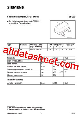 BF999 Datasheet(PDF) - Siemens Semiconductor Group