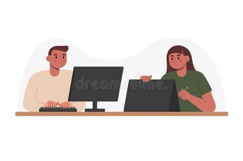 Cartoon Characters Of Young Man And Woman Working Together Stock Vector