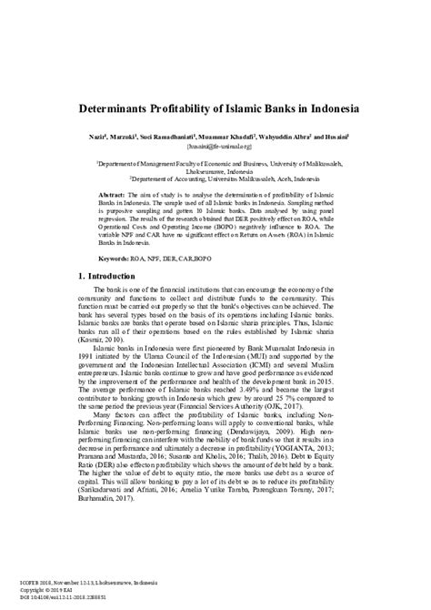 Pdf Determinants Profitability Of Islamic Banks In Indonesia