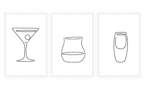 칵테일 및 주스 칵테일 주류 위스키 드로잉 그림의 벡터 현대 미니멀리즘 세트 프리미엄 벡터
